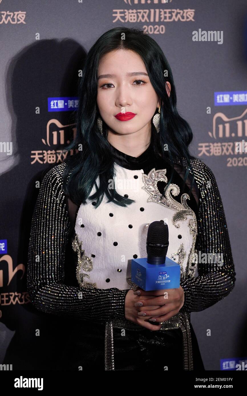 Chinese singer and idol Meng Meiqi is interviewed after her show at the 2020 Tmall Double 11 ...