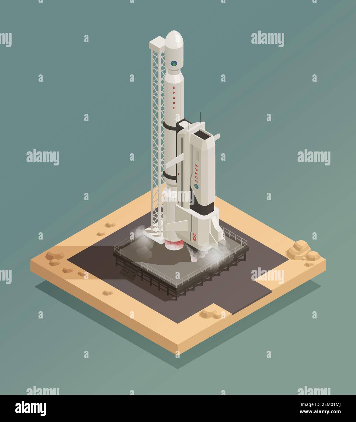 Launching space ship isometric composition on grey background 3d vector ...