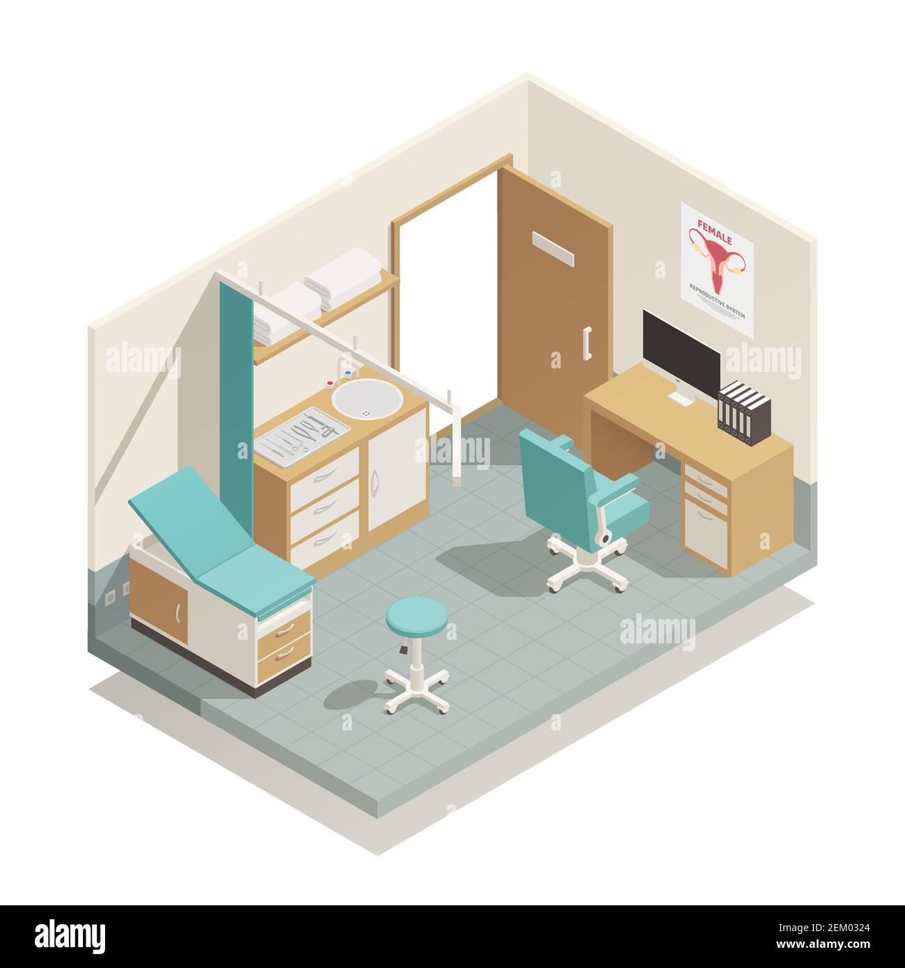 Gynecology cabinet with various tools for examination isometric ...