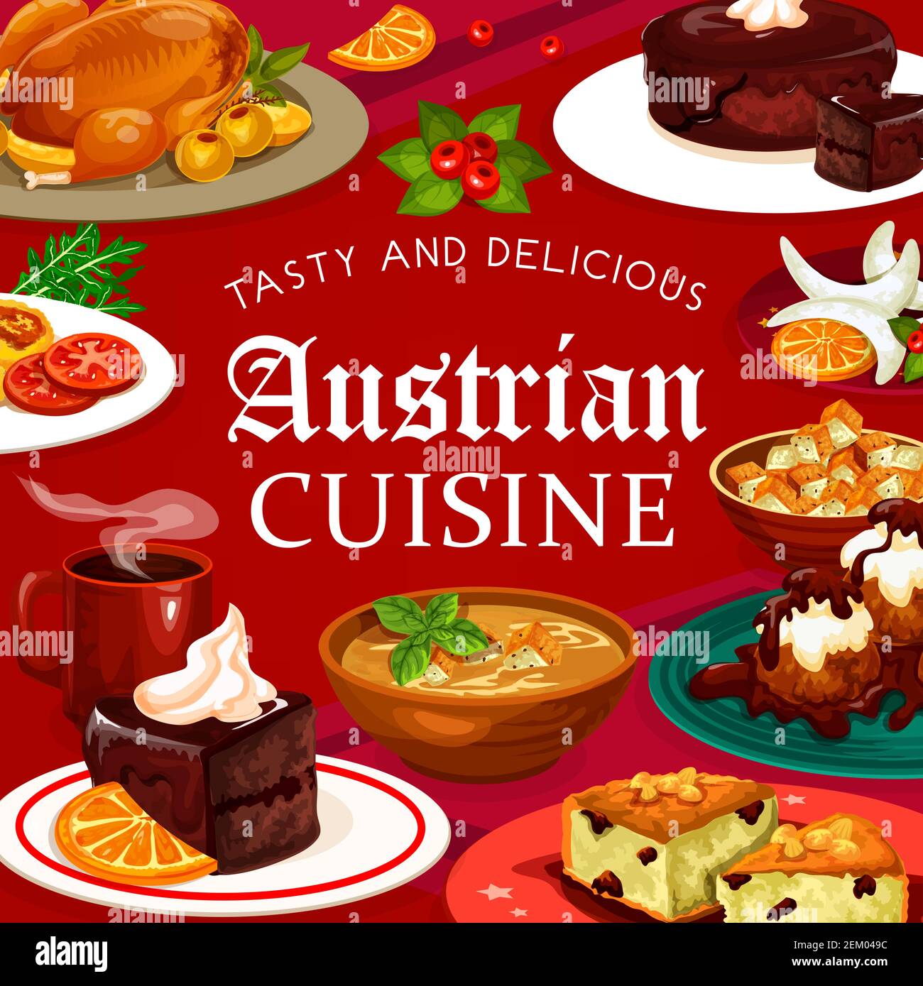 Austrian cuisine food desserts menu. Vector beer soup and hot coffee ...
