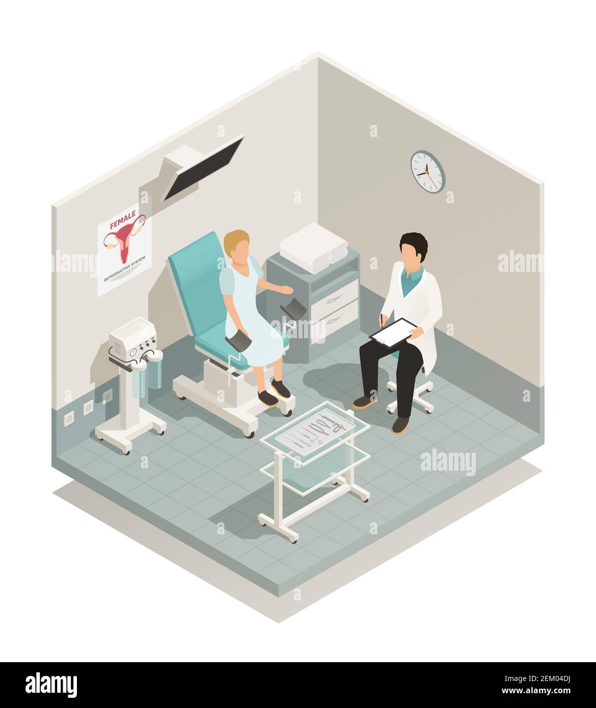 Isometric composition with woman being examined in gynecology cabinet ...