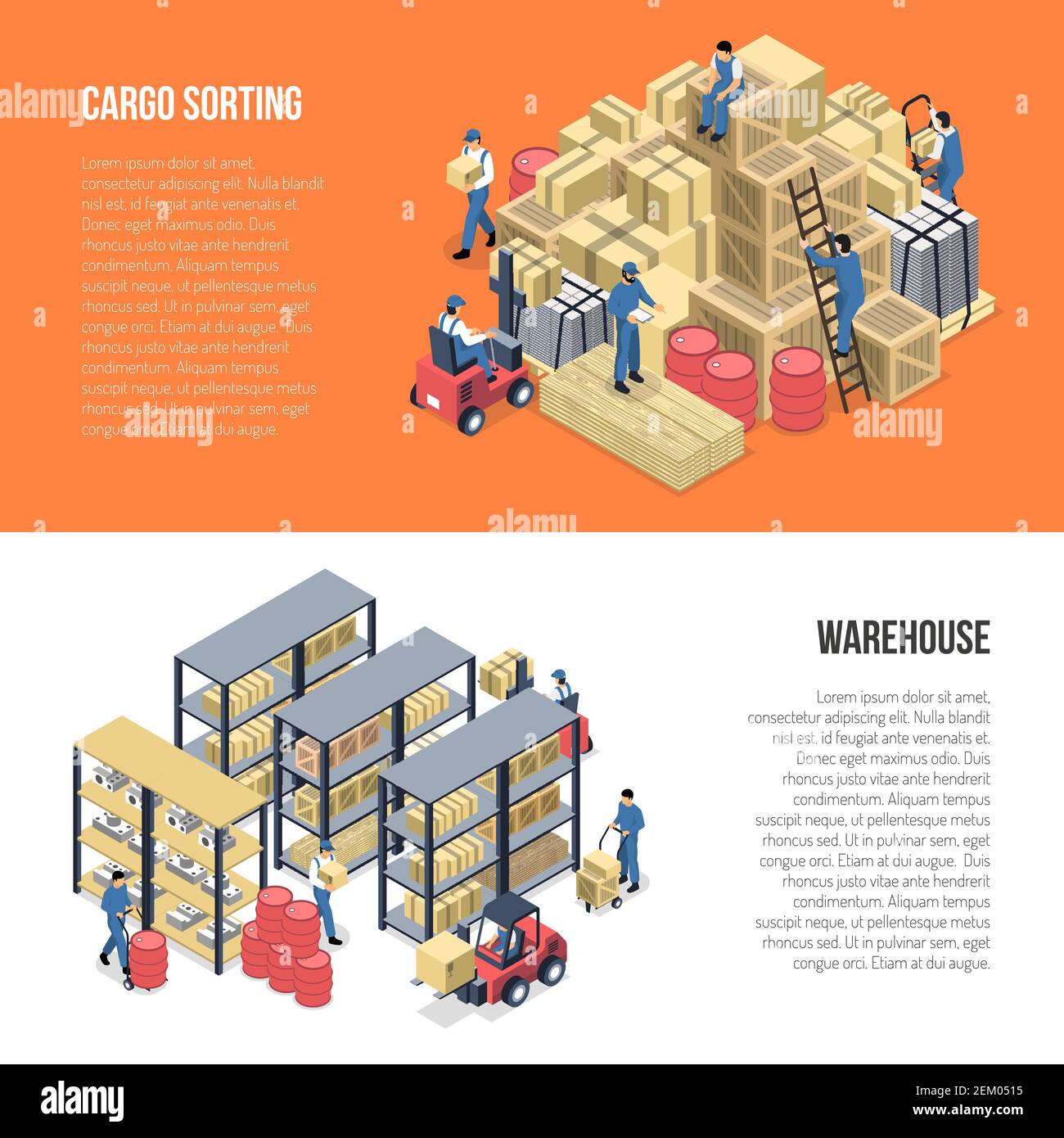 Warehouse isometric banners with racks of goods and workers engaged in ...
