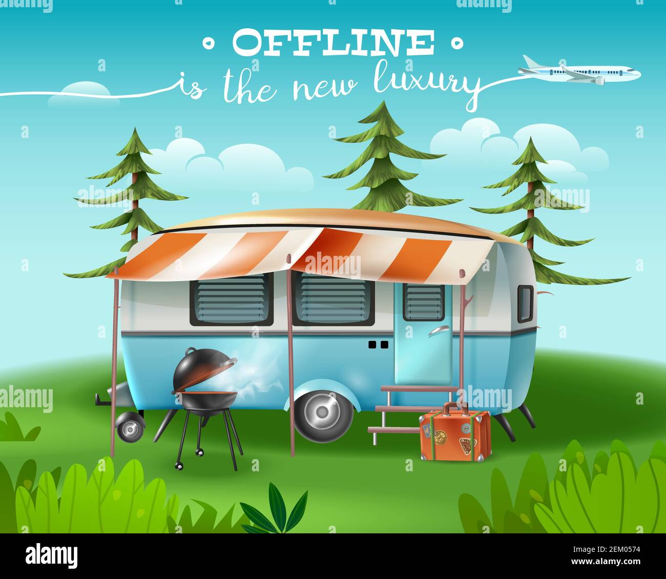 Travel tourism horizontal poster with wild nature scenery and camper ...