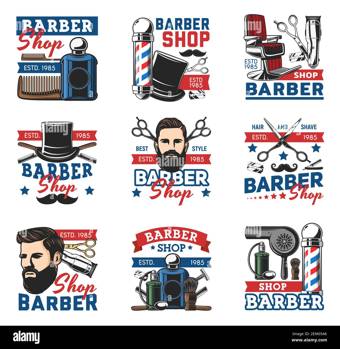 Barber shop salon, vector retro icons, hipster beards and gentlemen ...