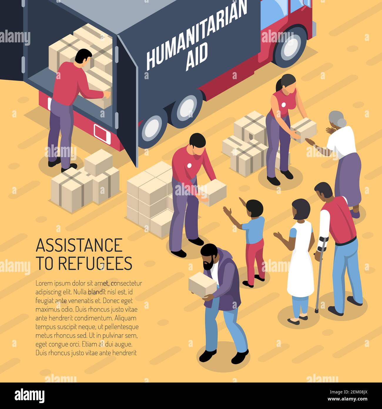Humanitarian aid van and volunteers helping refugees 3d isometric ...