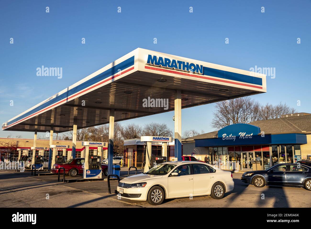 Marathon logo seen at a petrol station in Ohio. (Photo by Stephen ...