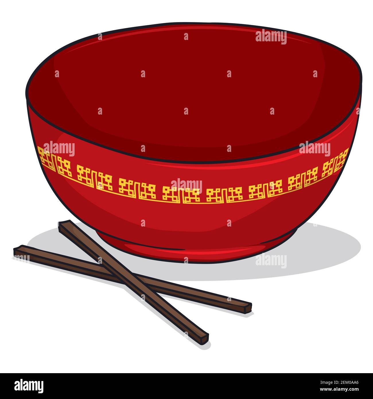 Red Chinese bowl with golden frame decoration and wooden chopsticks ...
