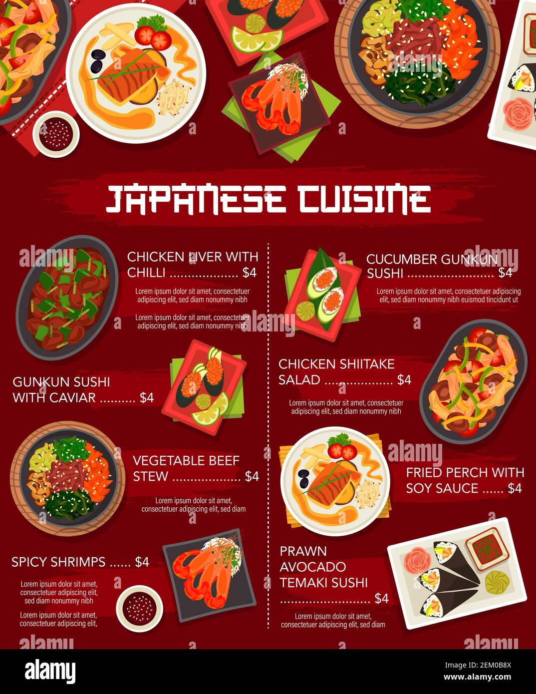 Japanese cuisine vector menu template gunkun sushi with caviar ...