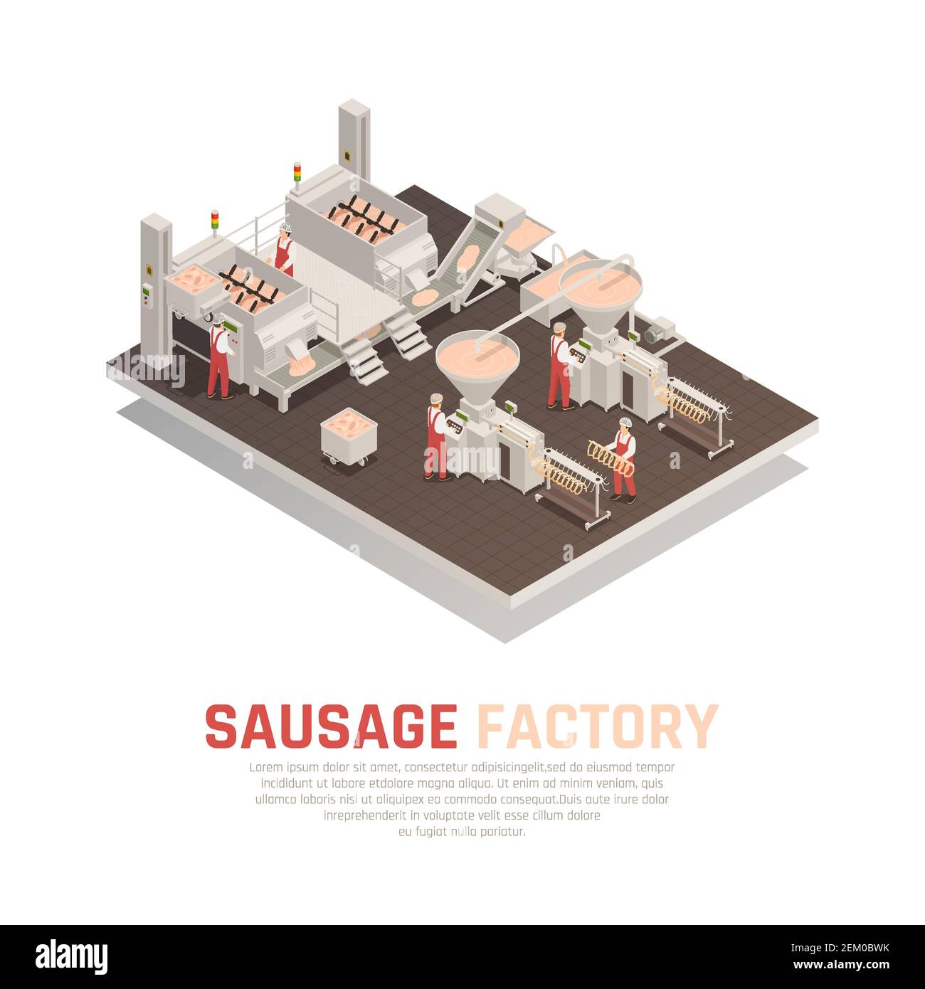 Sausage factory isometric composition with workers and industrial ...
