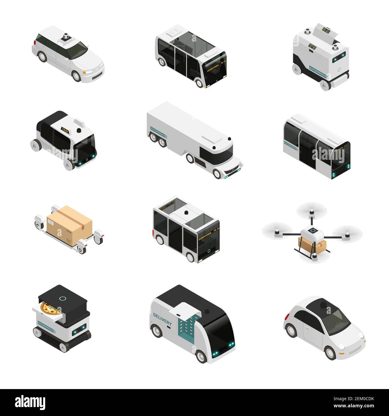 Autonomous vehicles isometric icons, driverless bus, taxi and truck ...