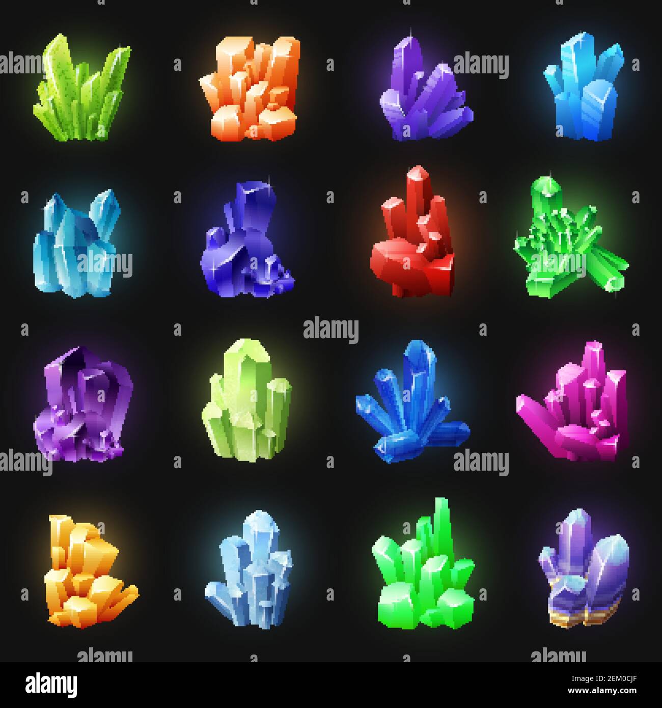 Realistic colorful crystals set of different shapes on black background ...