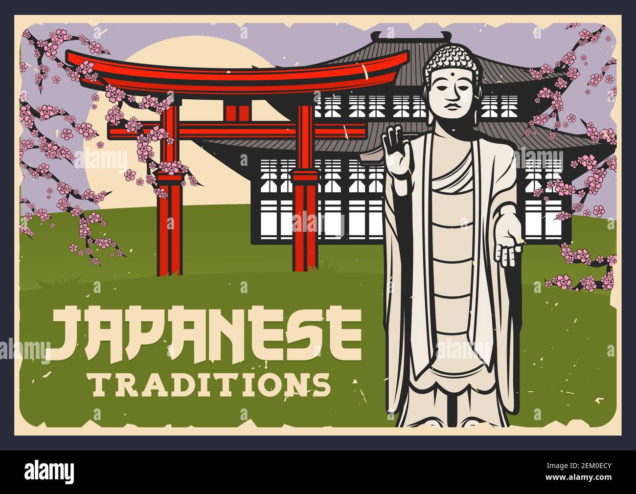 Japan culture, religion tourist attractions retro banner. Ushiku Great ...