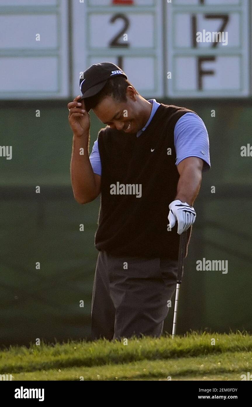 San Diego, CA. 14th June, 2008. Tiger Woods (USA) reacts after he chips ...