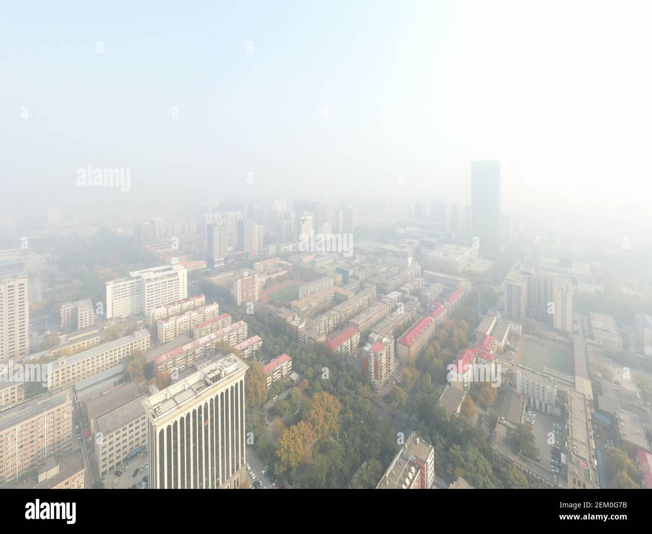 --FILE--An aerial view of buildings at downtown area covered by severe ...