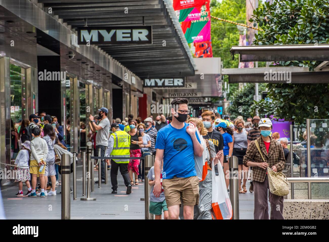 View across Bourke street mall and large crowds gathered at Myer ...