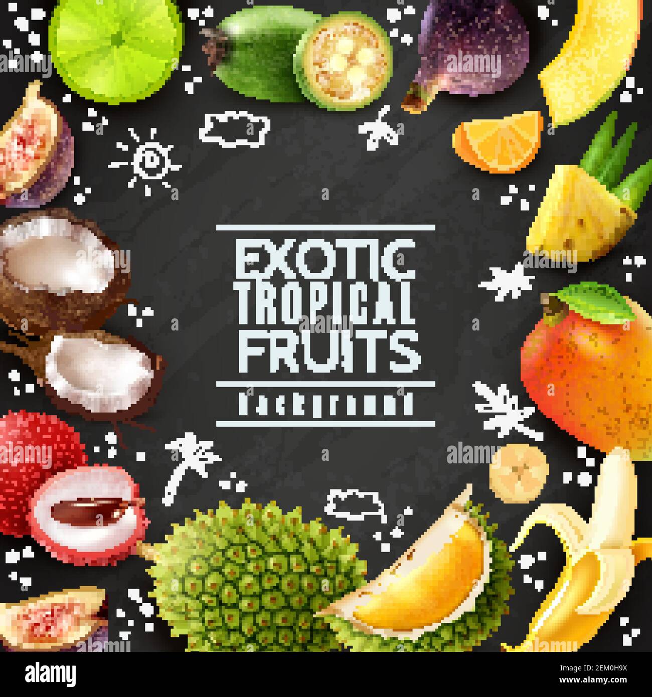 Decorative frame exotic tropical fruits on chalk board background with ...