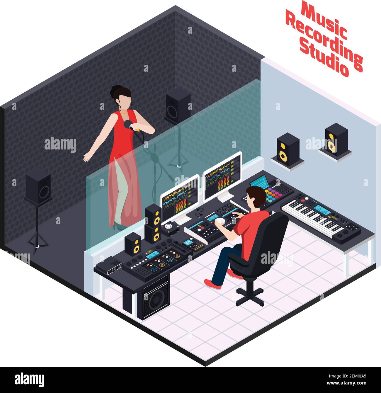 Music recording studio equipment isometric composition with view of ...