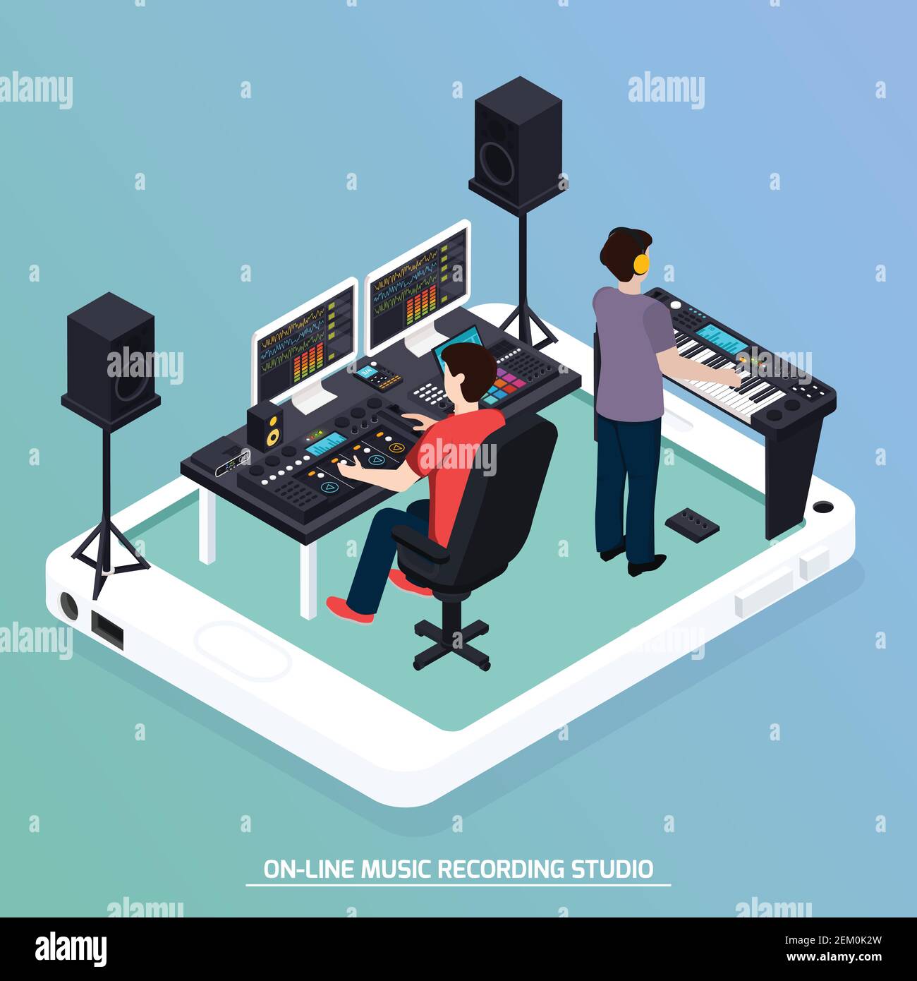 Music recording studio equipment isometric composition with two human ...