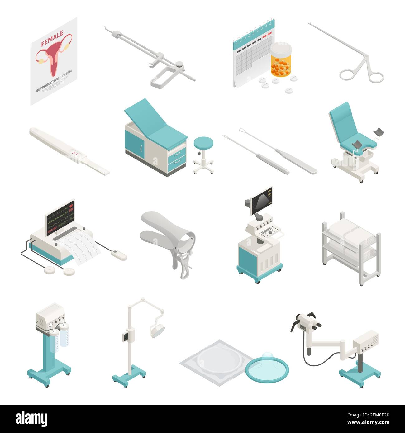 Gynecology equipment and instruments isometric icons set isolated on ...