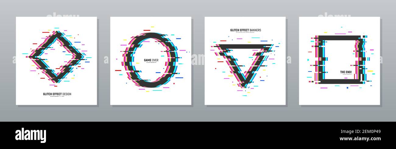 Glitch effect poster set with circle triangle rhombus and square ... Glitch effect poster set with circle triangle rhombus and square ...