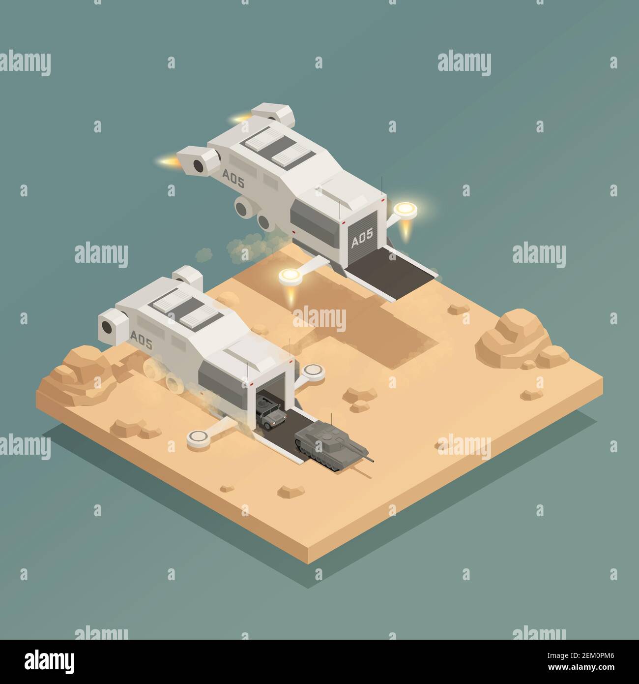 Isometric composition with military equipment in two transporter space ...