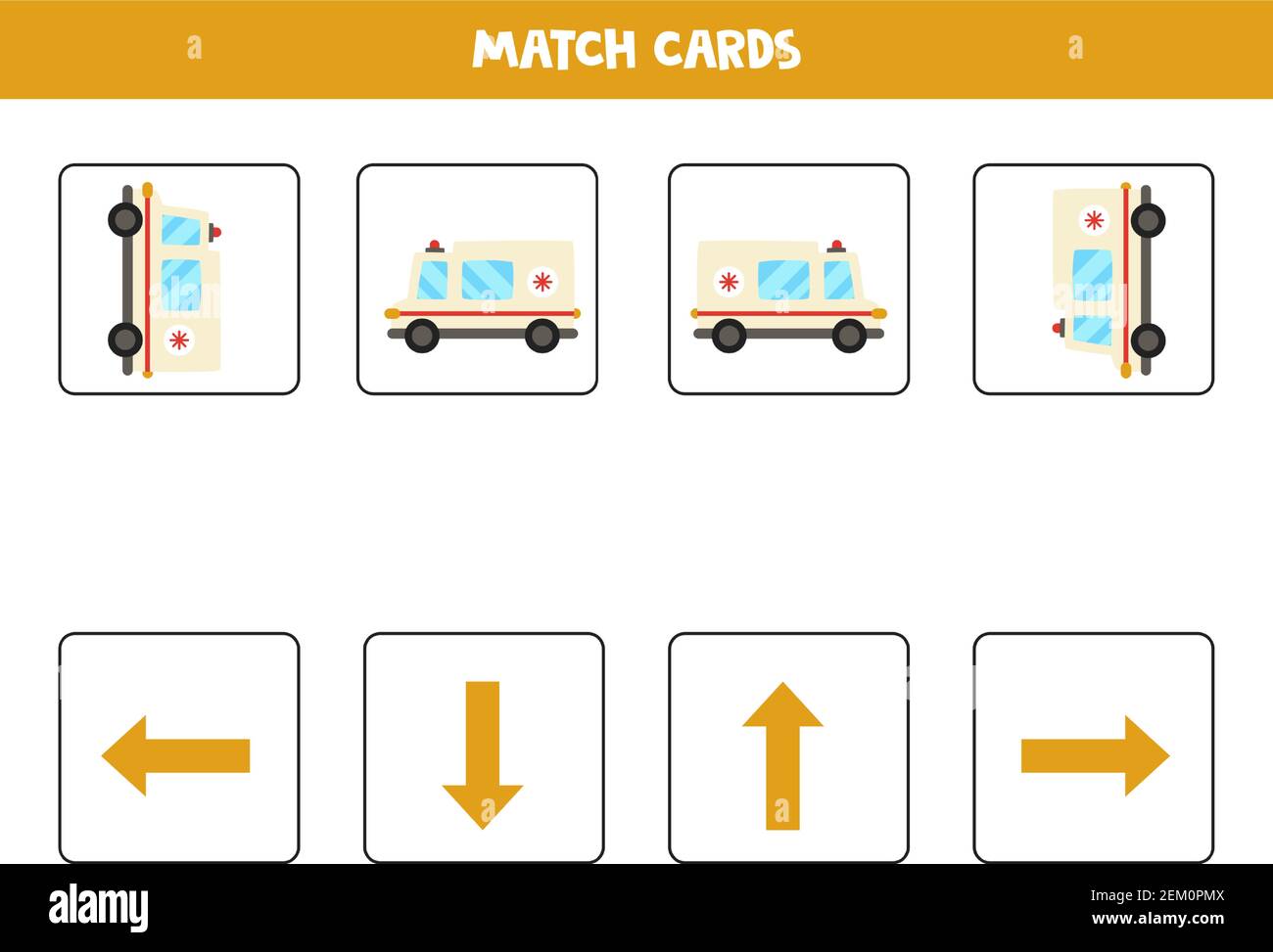 Spatial orientation with cartoon ambulance car. Left, right, up or down ...
