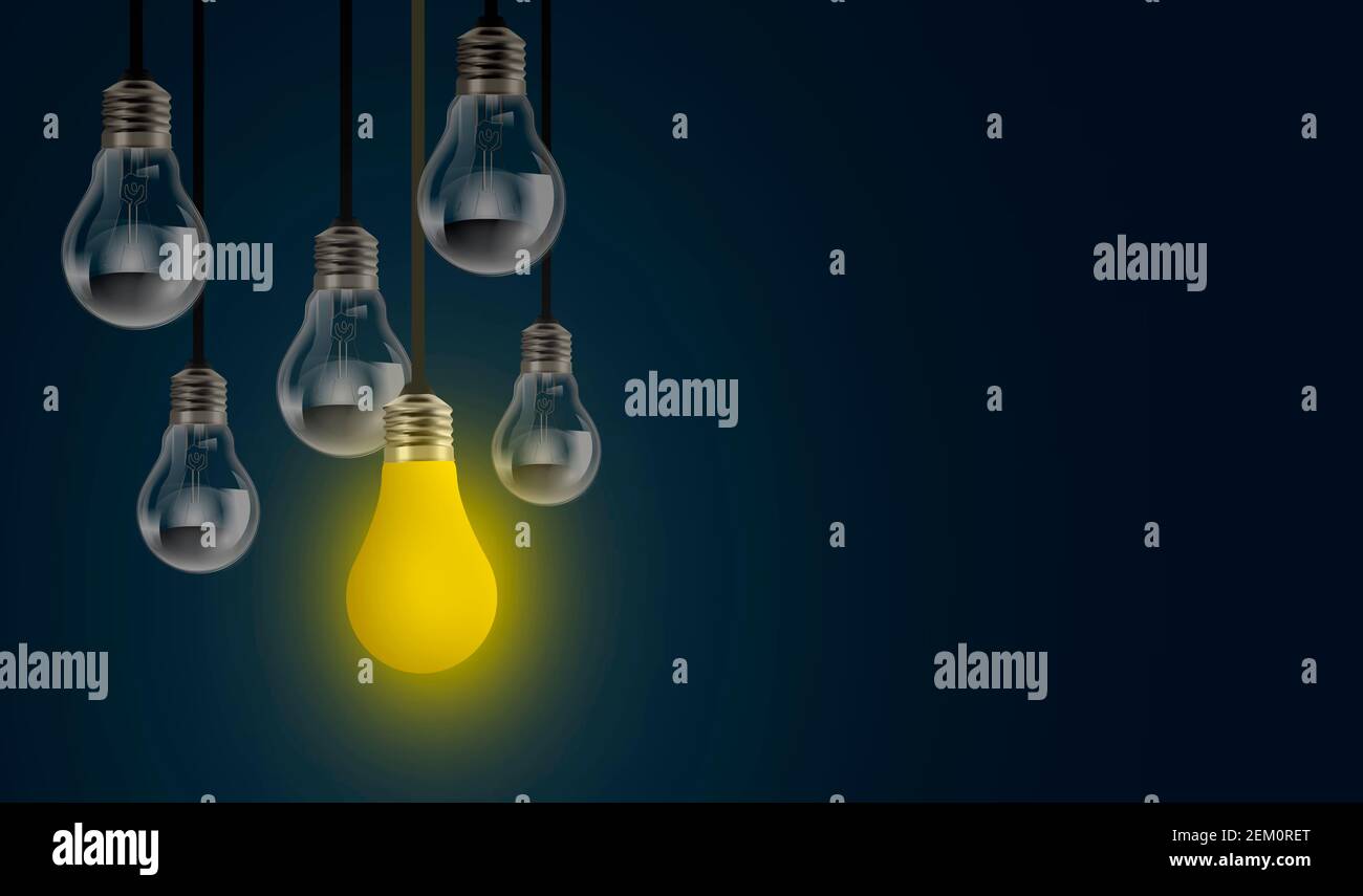 Conceptual image of light bulb inspiration with copy space, one light ...