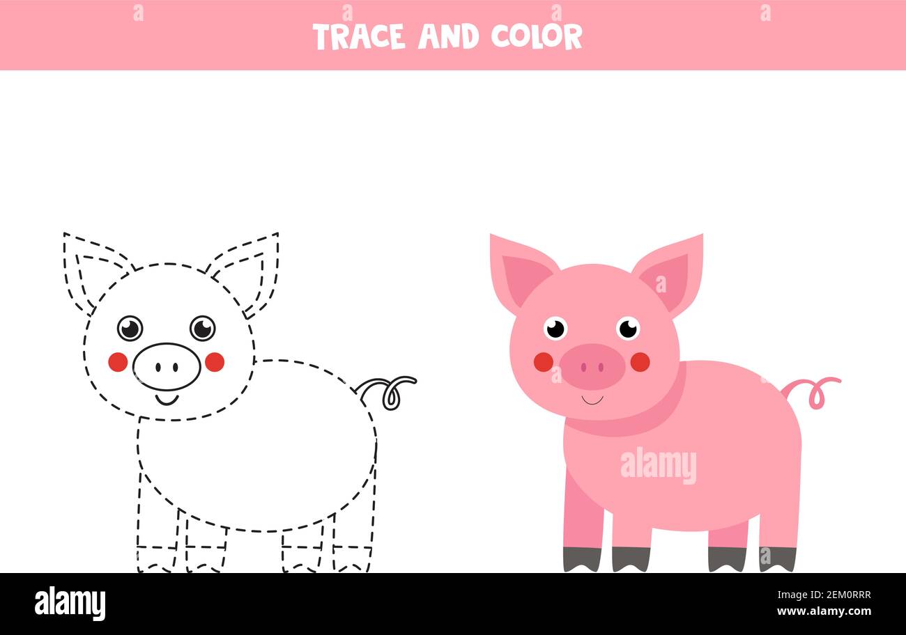 Trace and color cute farm pig. Educational game for kids. Writing and ...