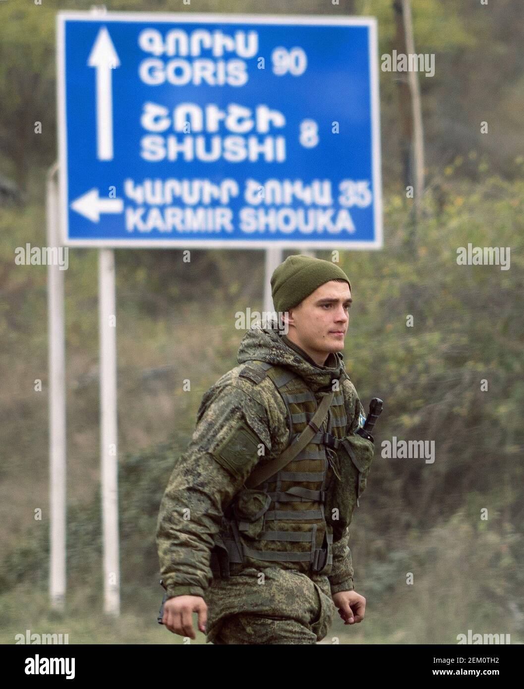 The political situation in Nagorno-Karabakh. Russian military at the checkpoint between the ...