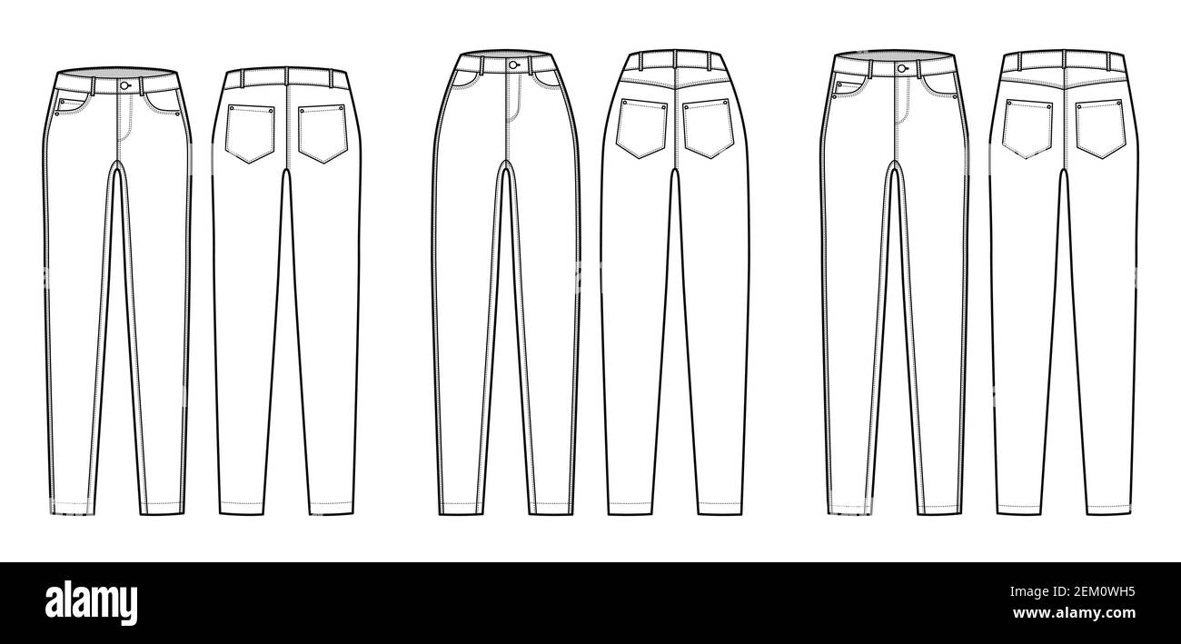 Set Of Jeans Tapered Denim Pants Technical Fashion Illustration With set-of-jeans-tapered-denim-pants-technical-fashion-illustration-with