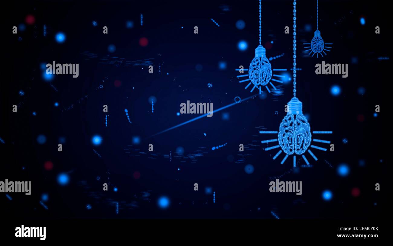 glowing light bulb with binary code numbers 0 and 1 in space background. Brain inside lightbulb ...