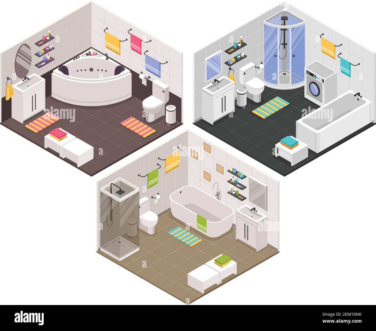 Modern bathroom interiors isometric set with straight oval corner ...