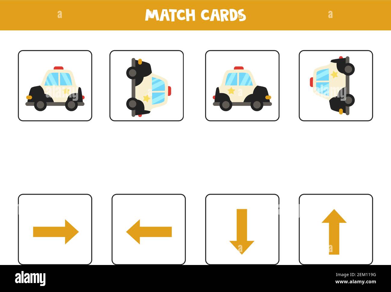 Spatial orientation with cartoon police car. Left, right, up or down ...
