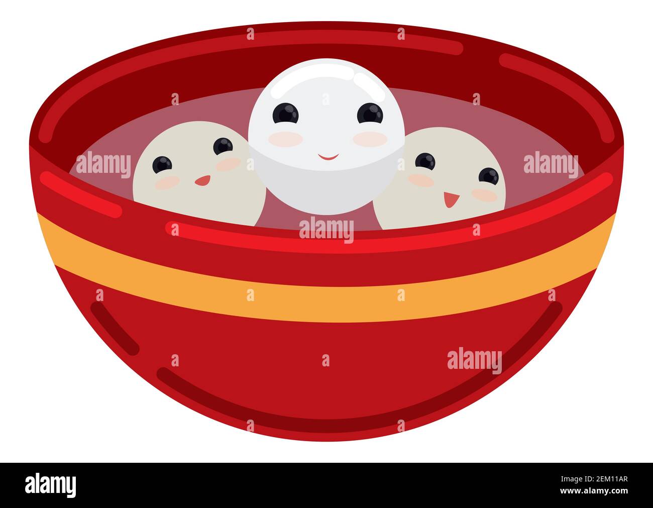 Red bowl and three cute tangyuan desserts in flat style, isolated over ...