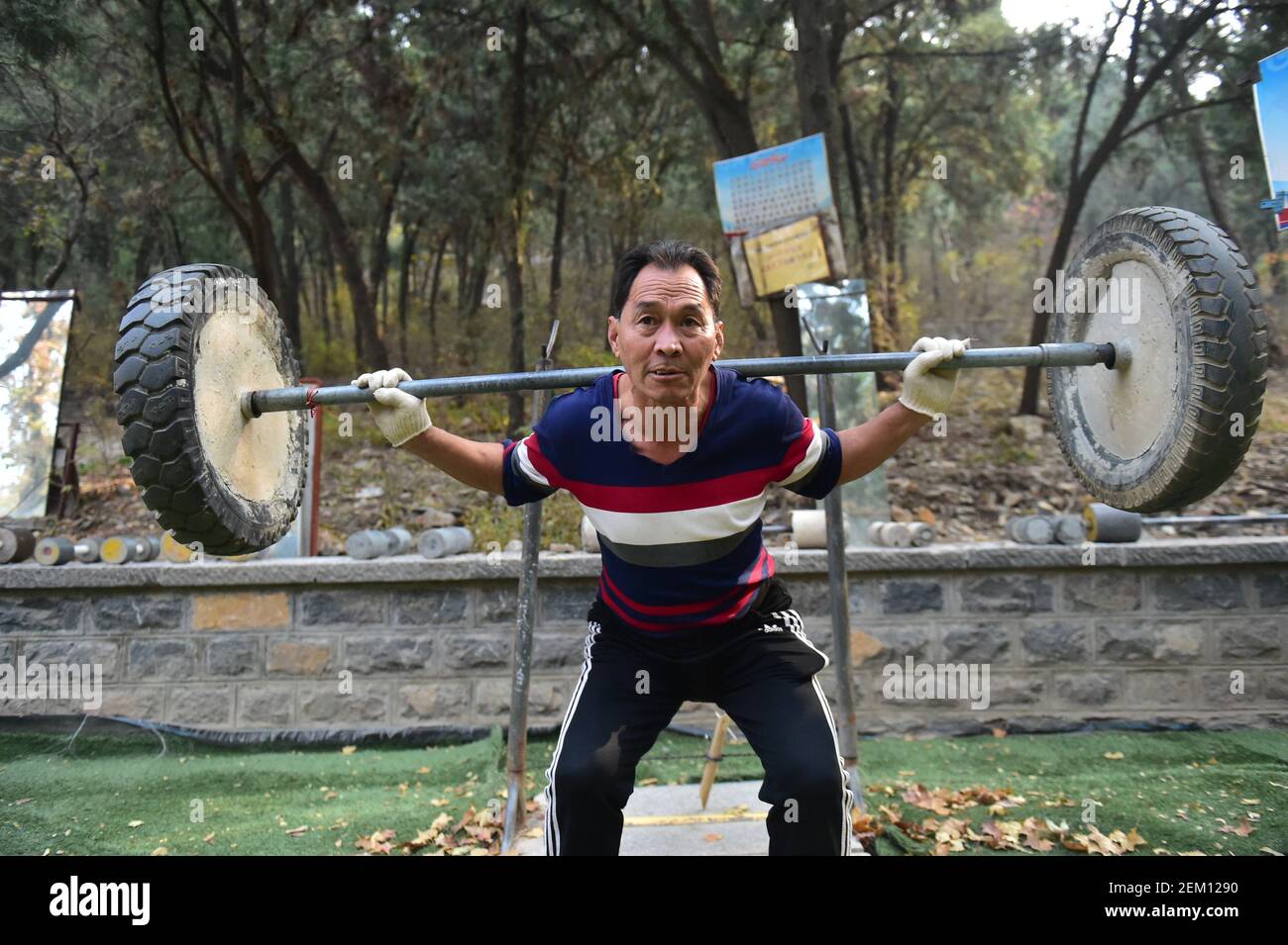 Grandpas exercise in a special "gym" in the forest space of a local ...