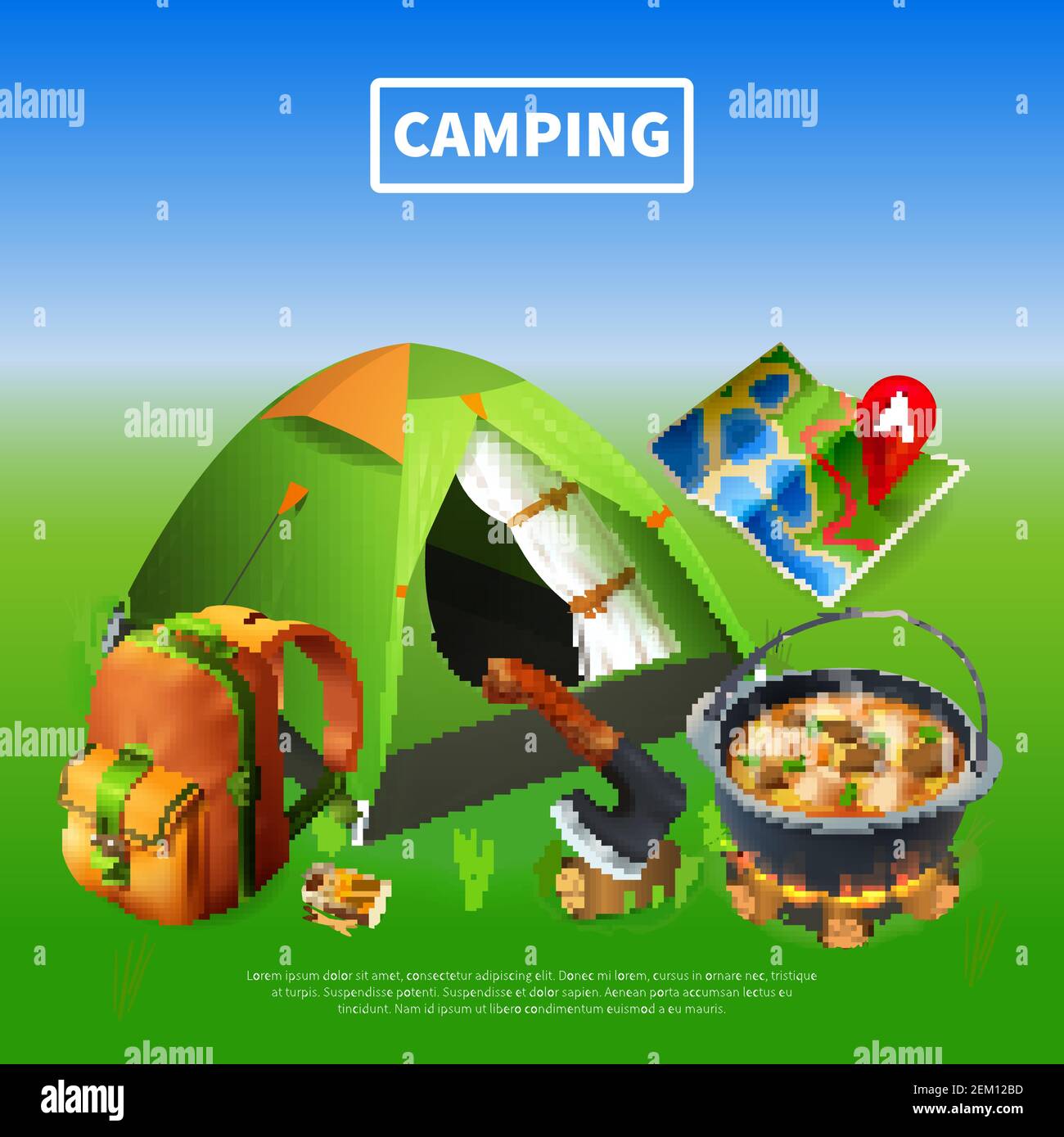 Camping realistic colored poster with big headline and hiking equipment ...