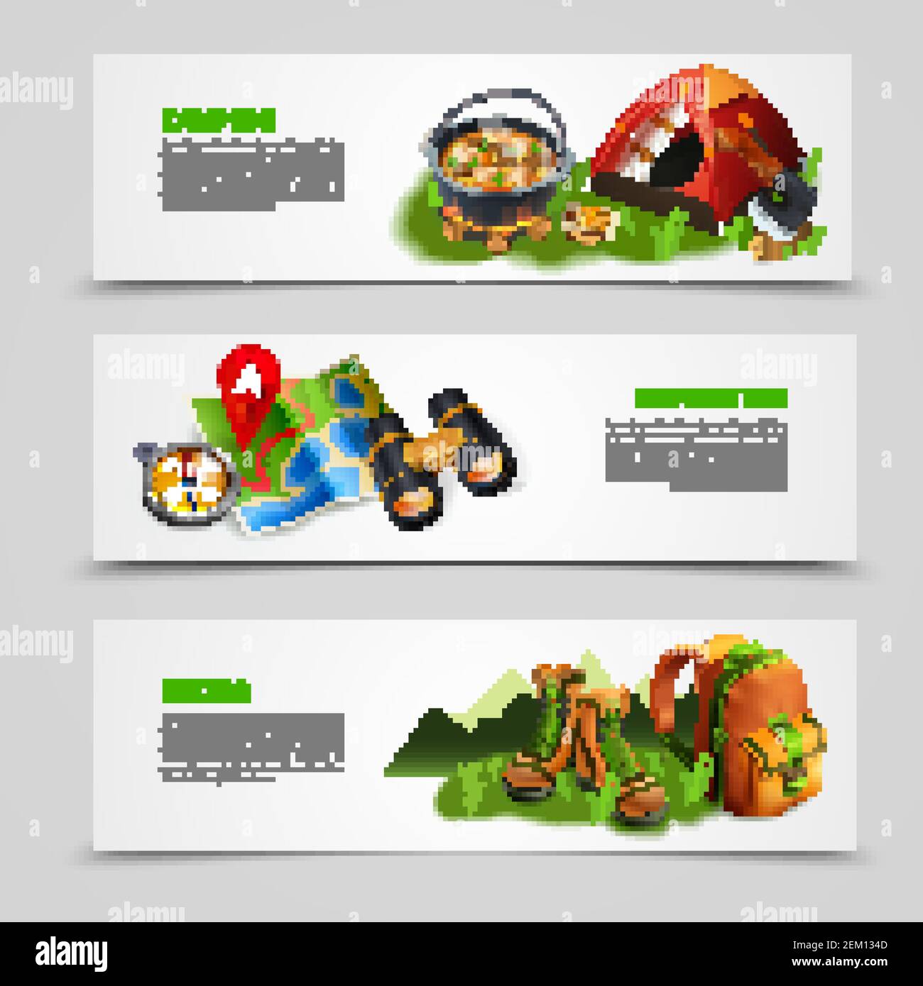 Three horizontal camping realistic banner set with camping expedition ...