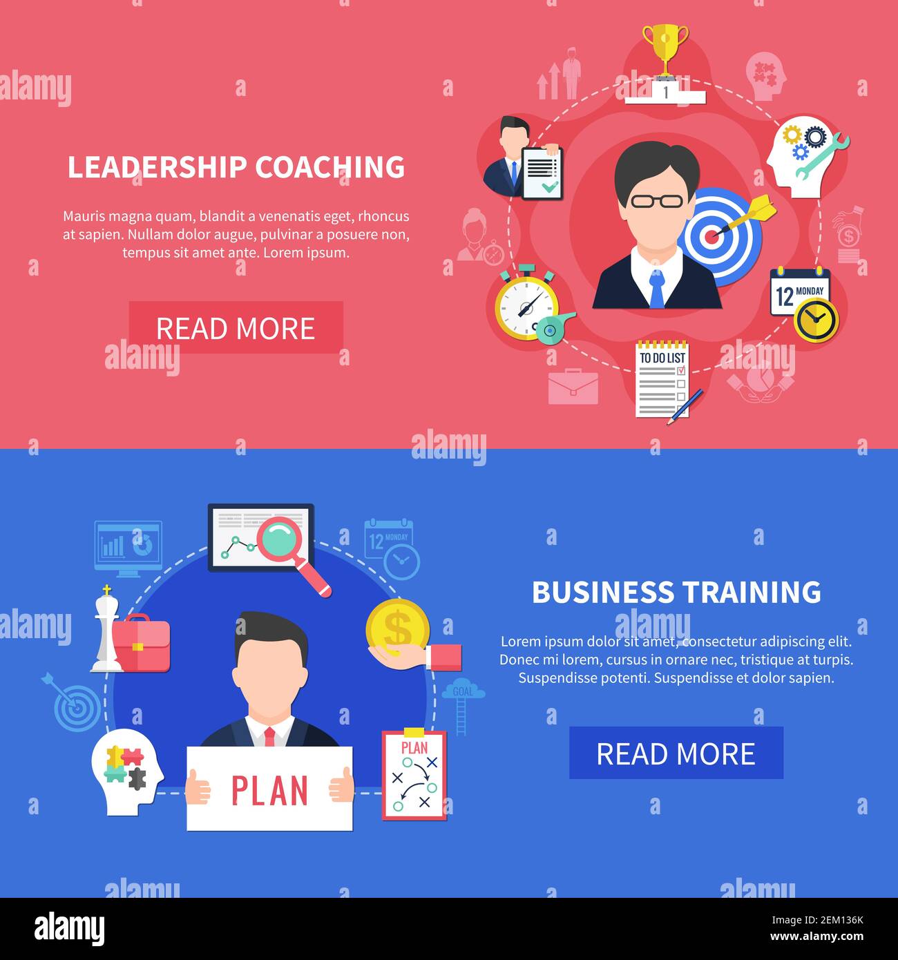 Business coaching horizontal banners set with leadership coaching ...