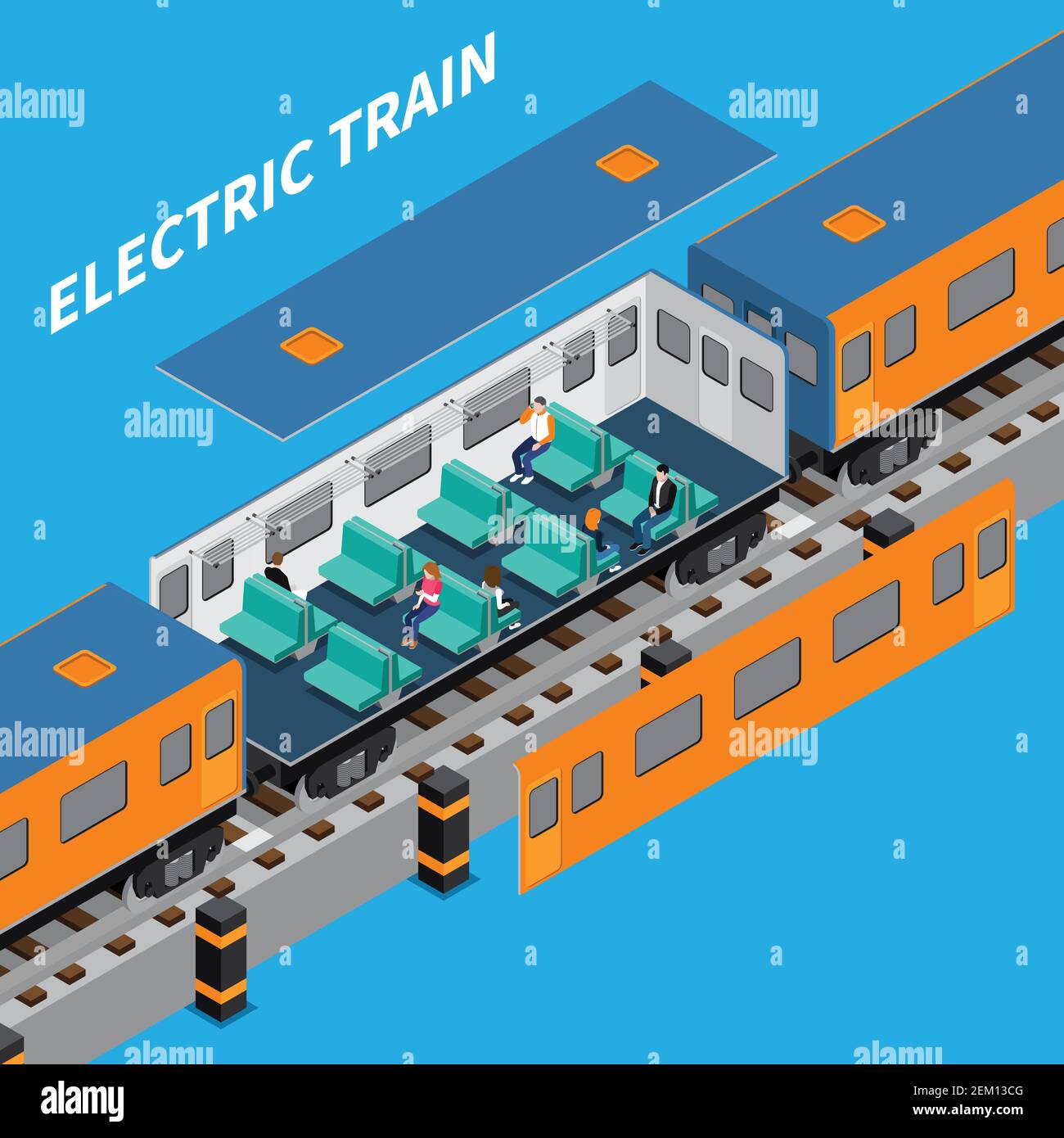 Electric train constructor isometric composition of carriage interior ...