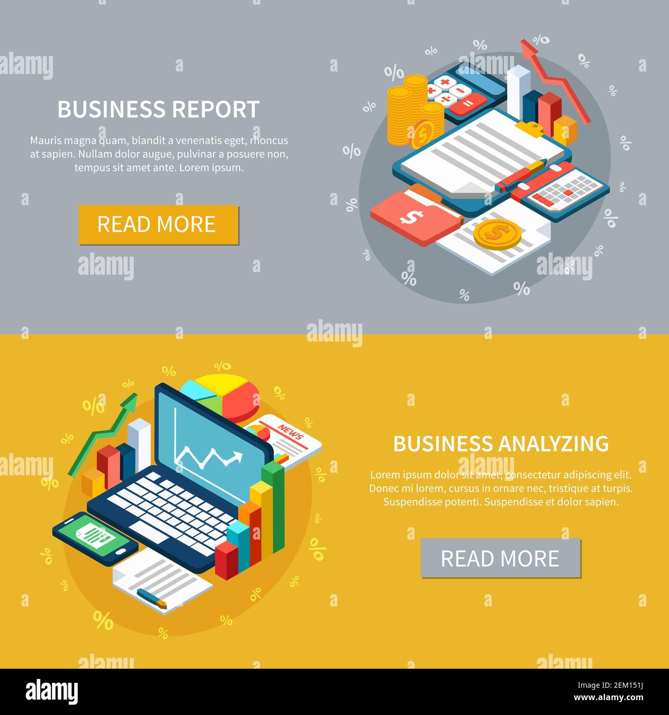 Accounting isometric horizontal banners collection with images of ...