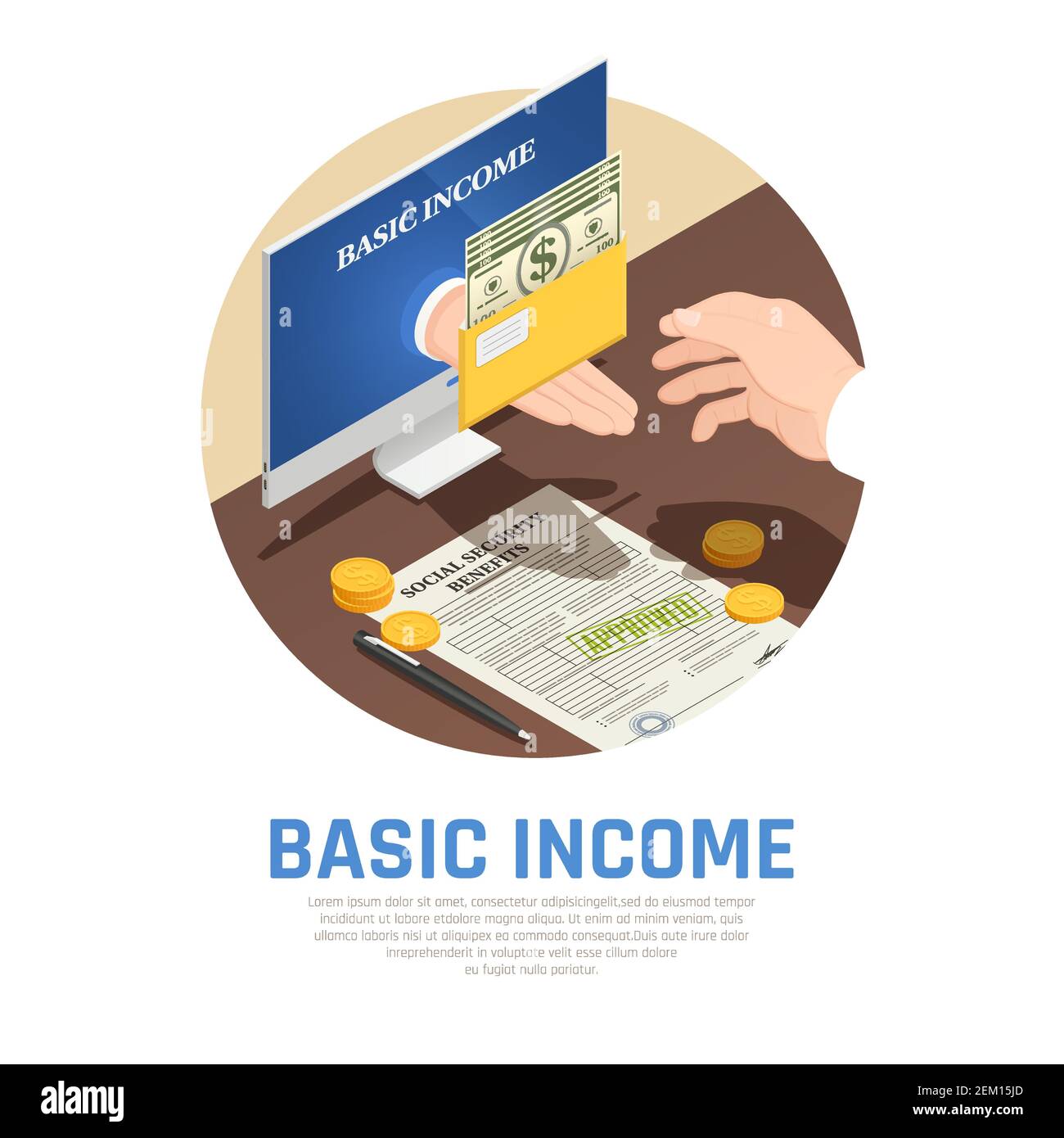 Basic income isometric round composition, monitor with hand giving ...