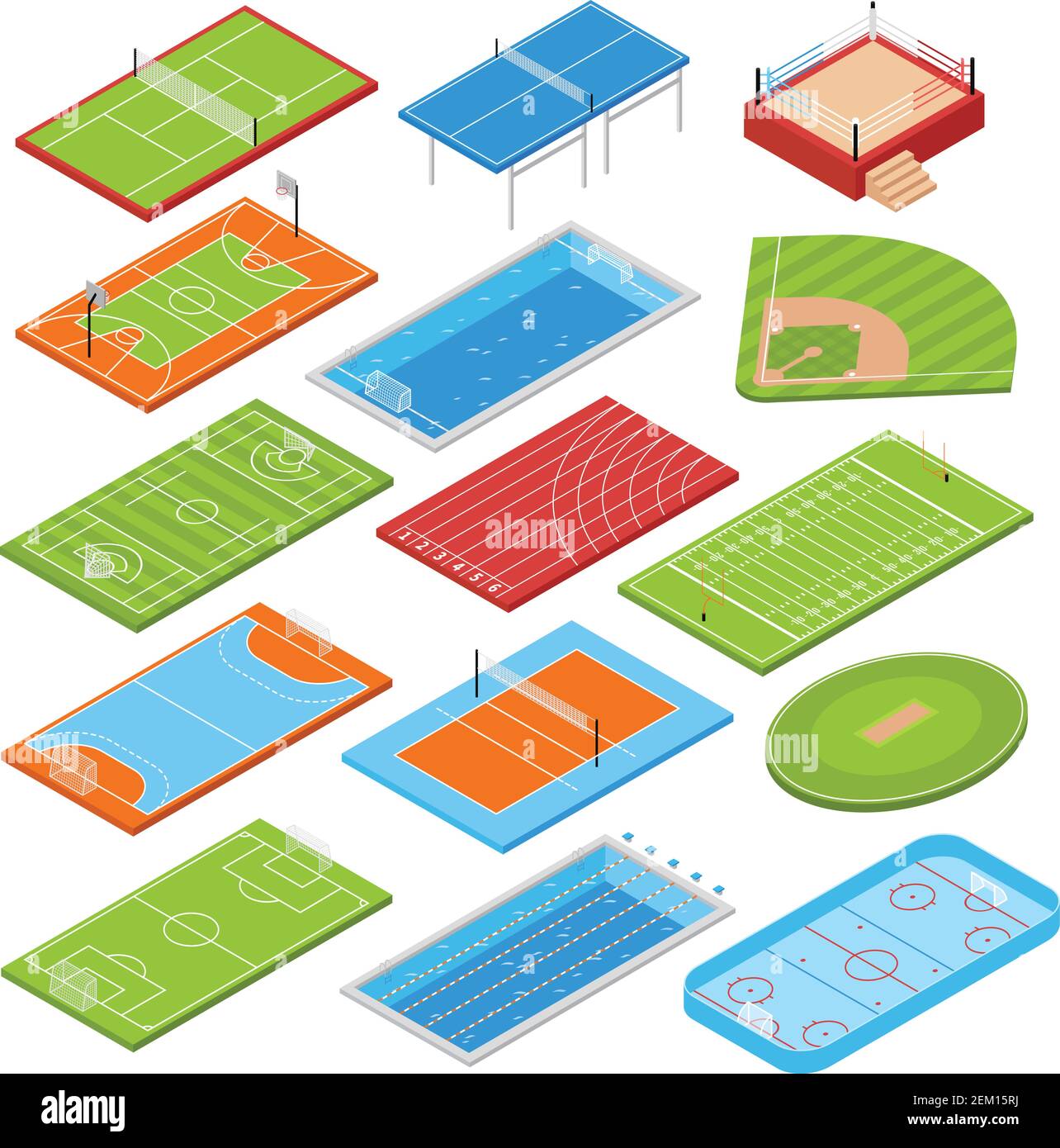 Sport clubs football soccer fields isometric icons collection with ...