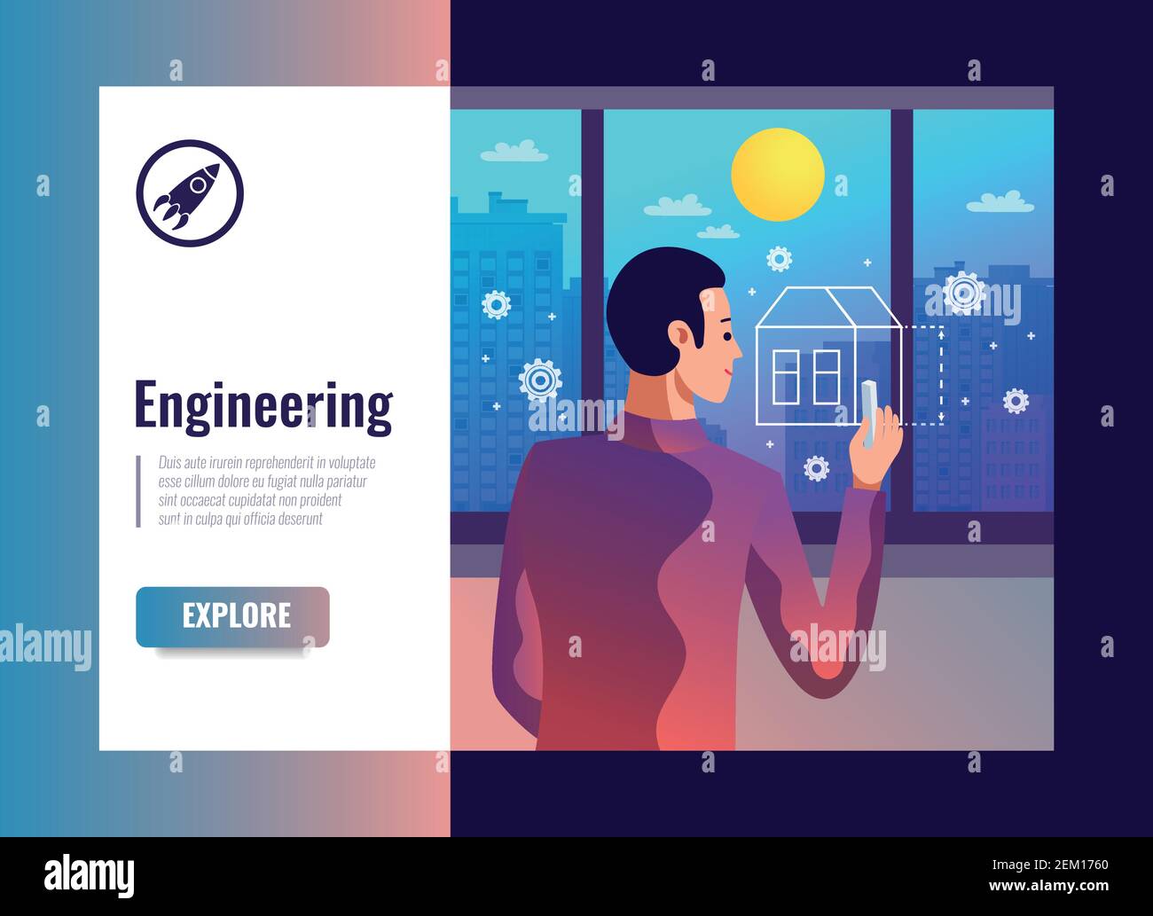 Engineering vector illustration with male figurine of designer painting ...