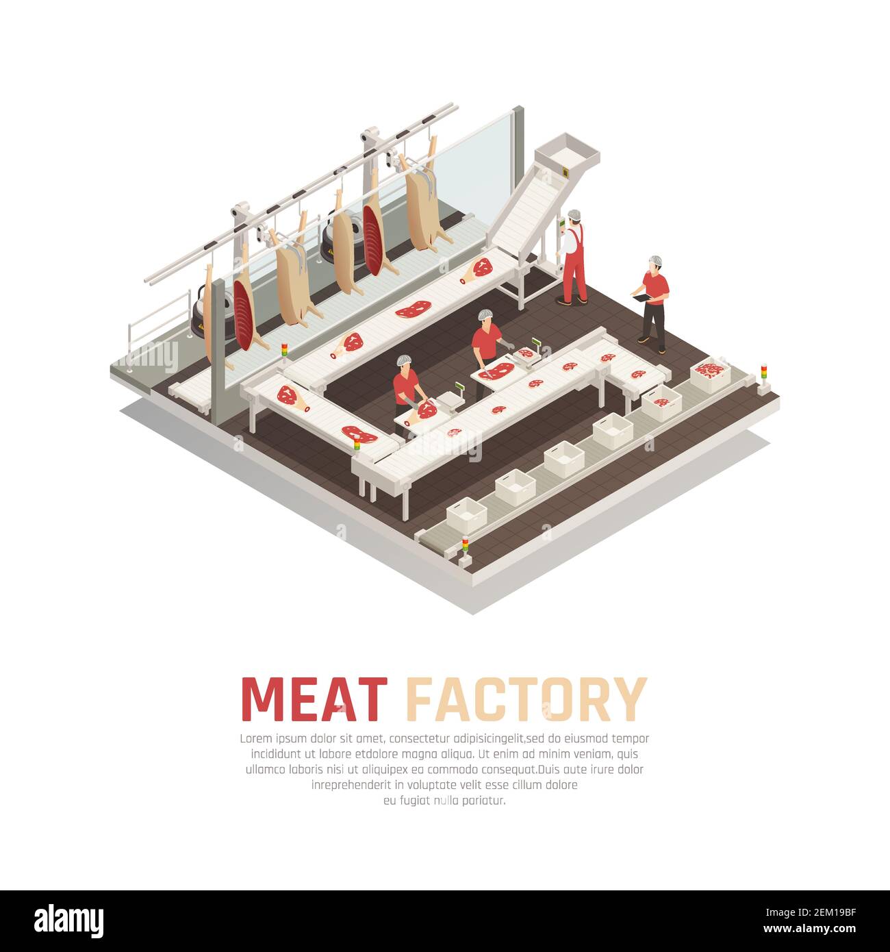 Meat factory isometric composition with processing line from carcass ...