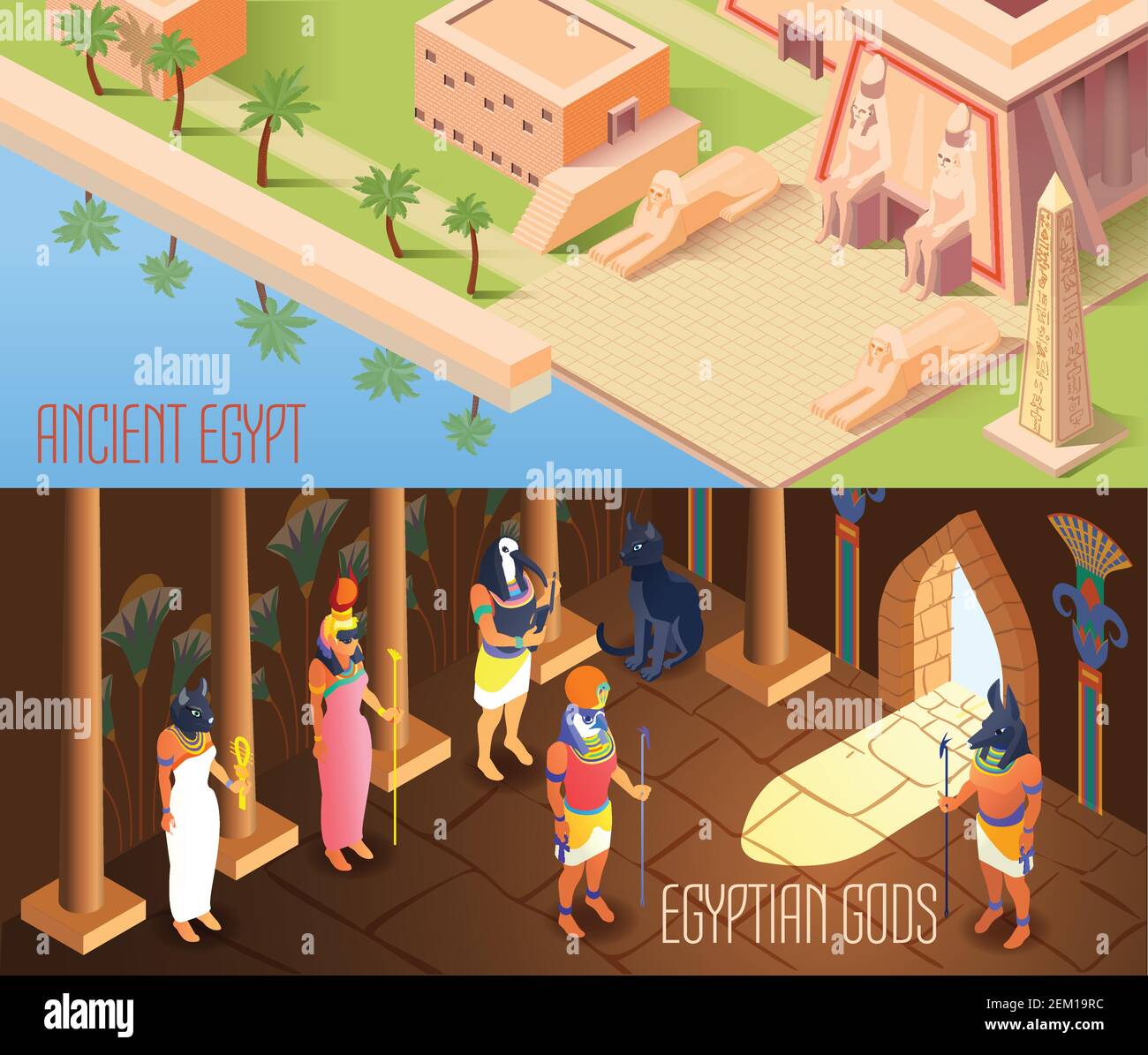 Horizontal isometric banners set with egyptian gods and ancient tomb 3d ...