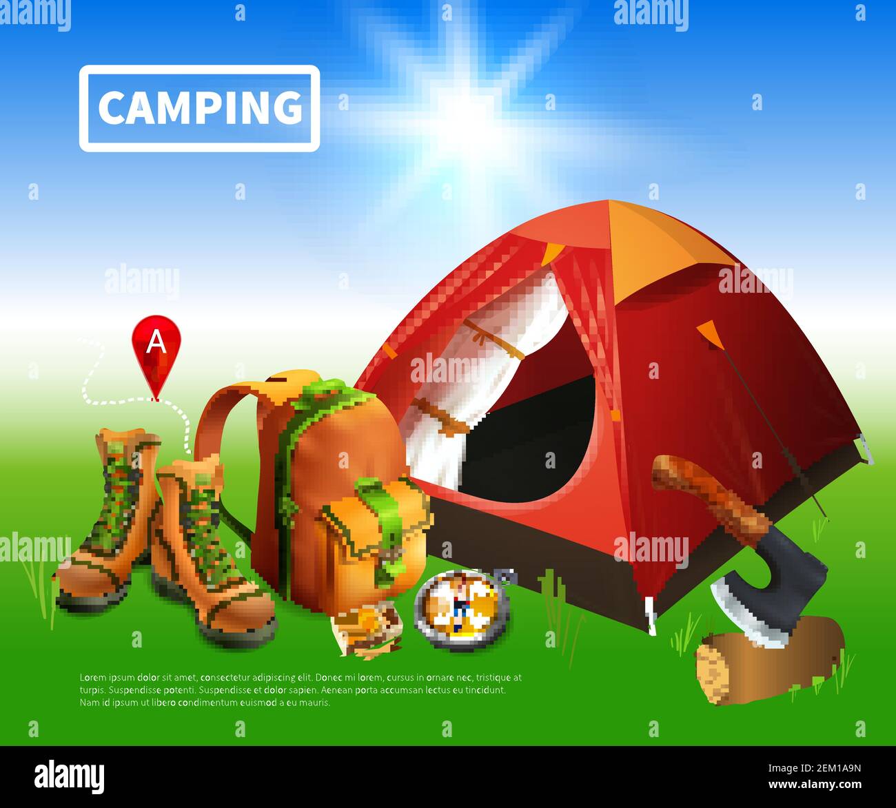 Camping realistic and colored flyer with white headline and elements of ...
