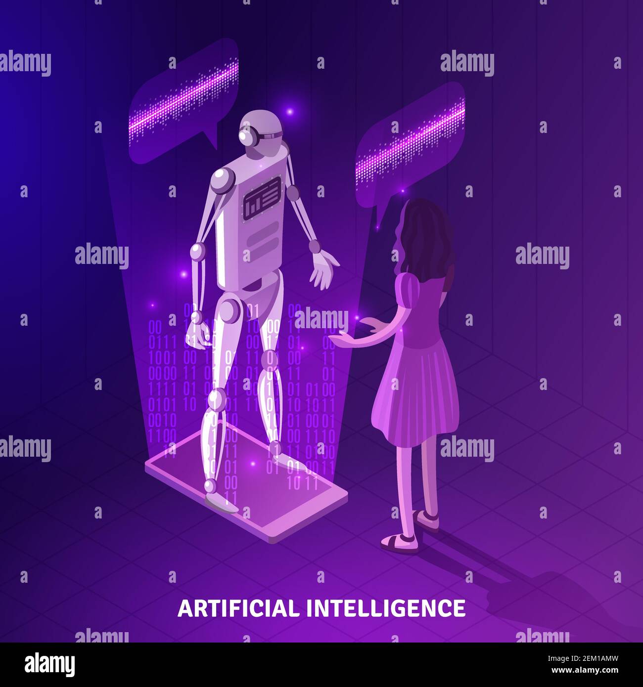 Artificial intelligence isometric composition on violet background with girl during ...