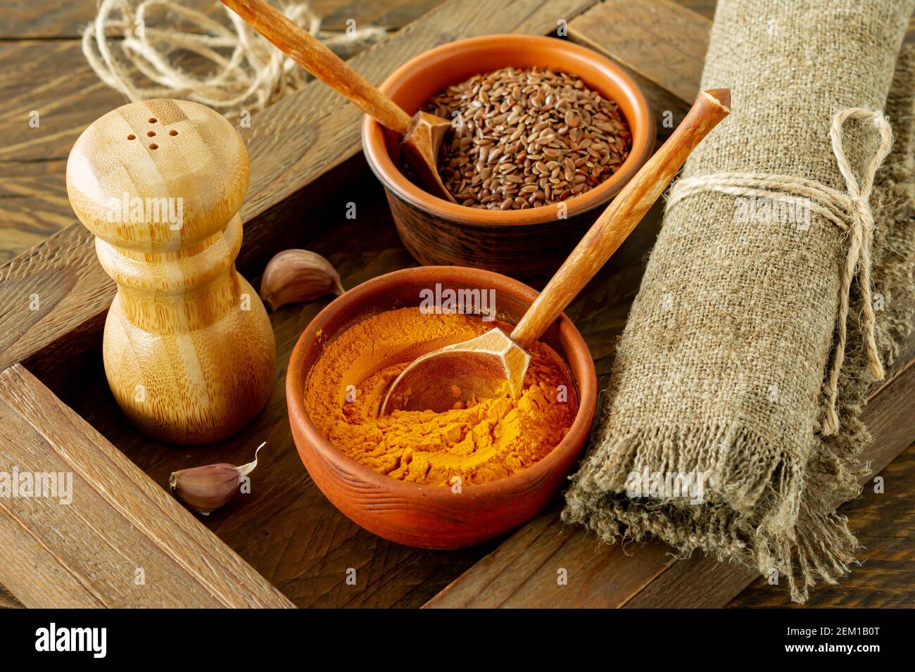 Cloe up of Colourful various herbs and spices for cooking in bowls in ...