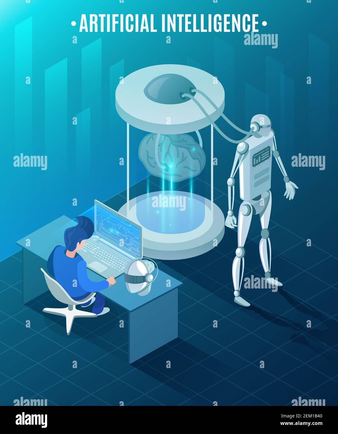 Man near computer during creation of artificial intelligence in form of ...