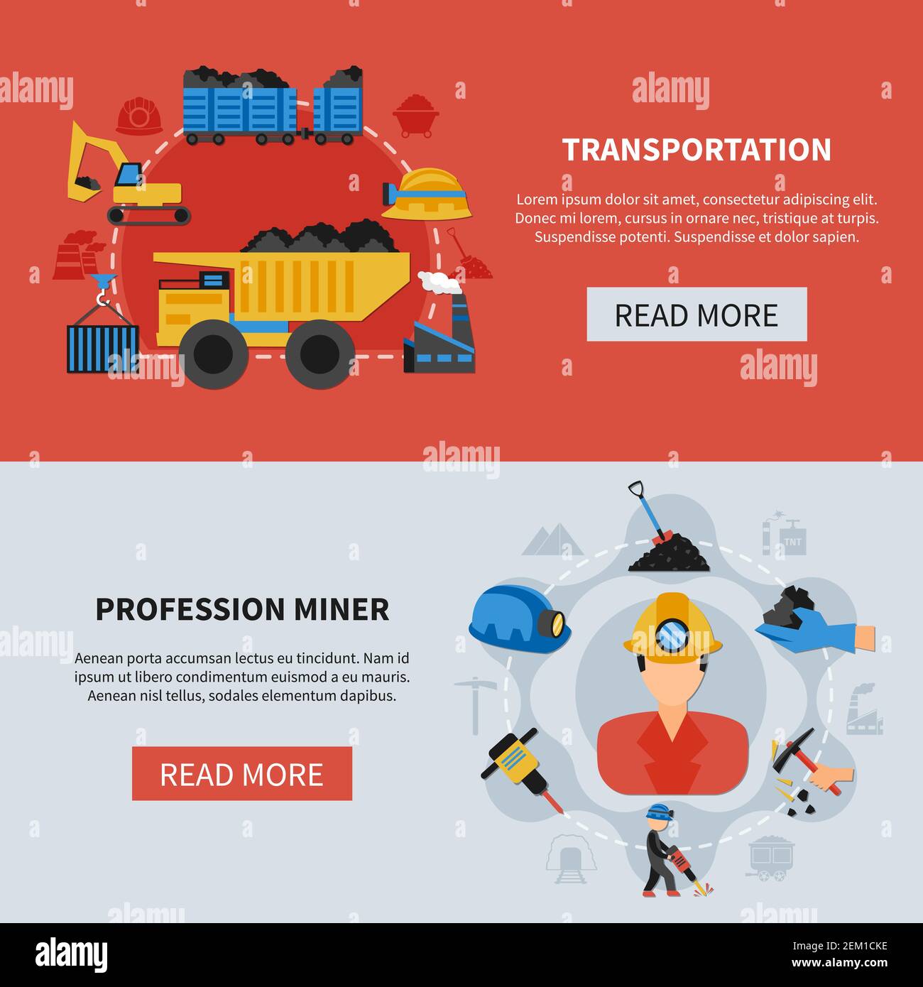 Colorful horizontal mining banners set with coal transportation and ...